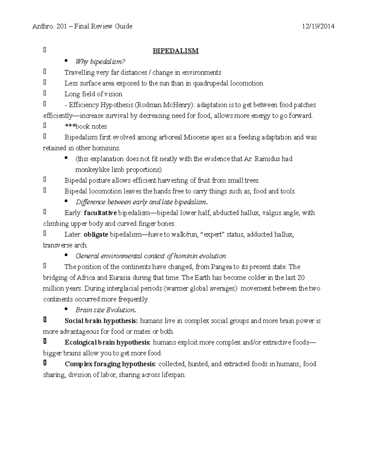 ANT 201 - Comprehensive Final Review Guide on Bipedalism & Evolution ...
