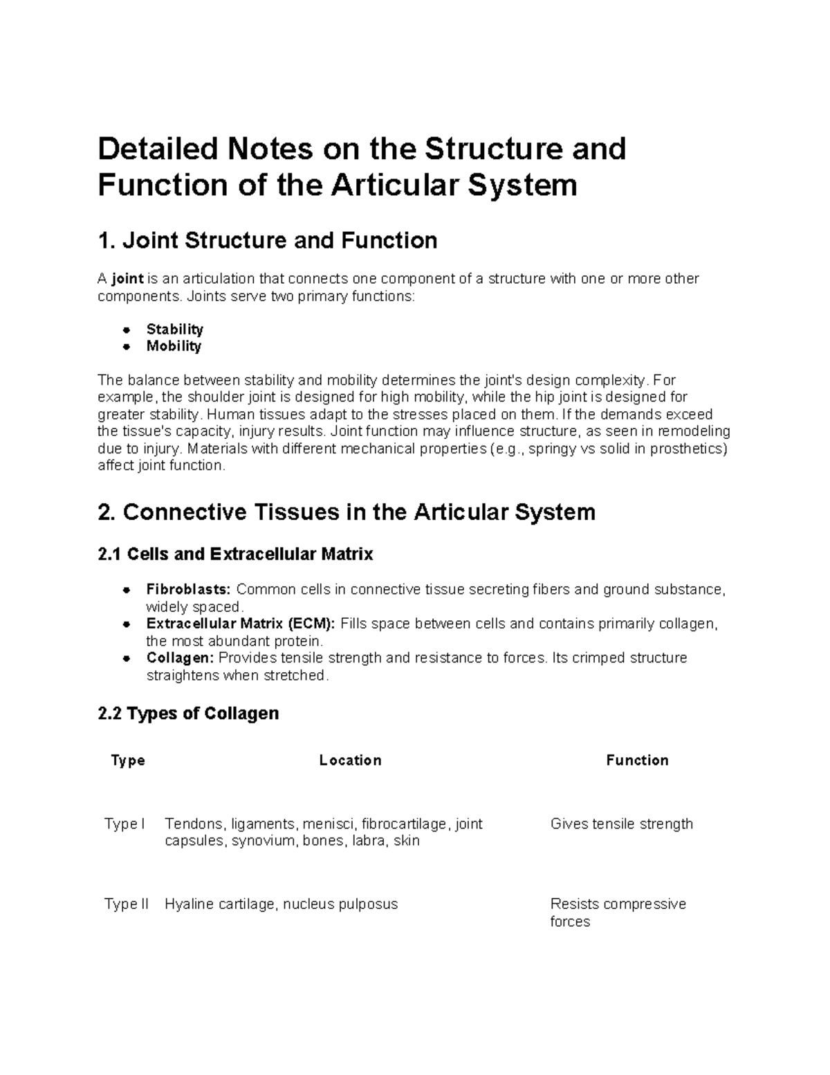 Articular System Structure & Function Notes (ANAT 101) - Studocu