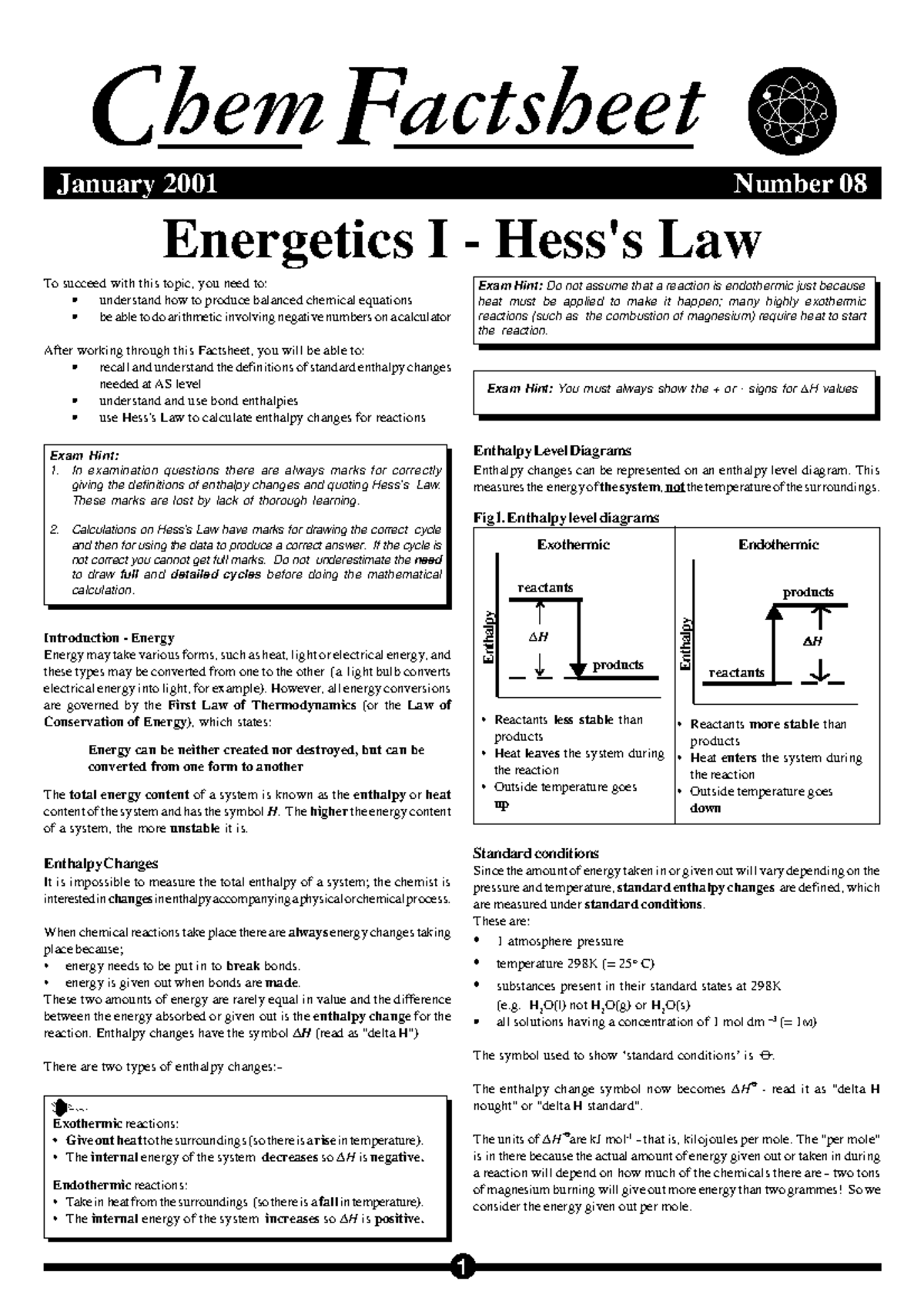 Chem Factsheet 08: Energetics I - Hess's Law Overview - Studocu