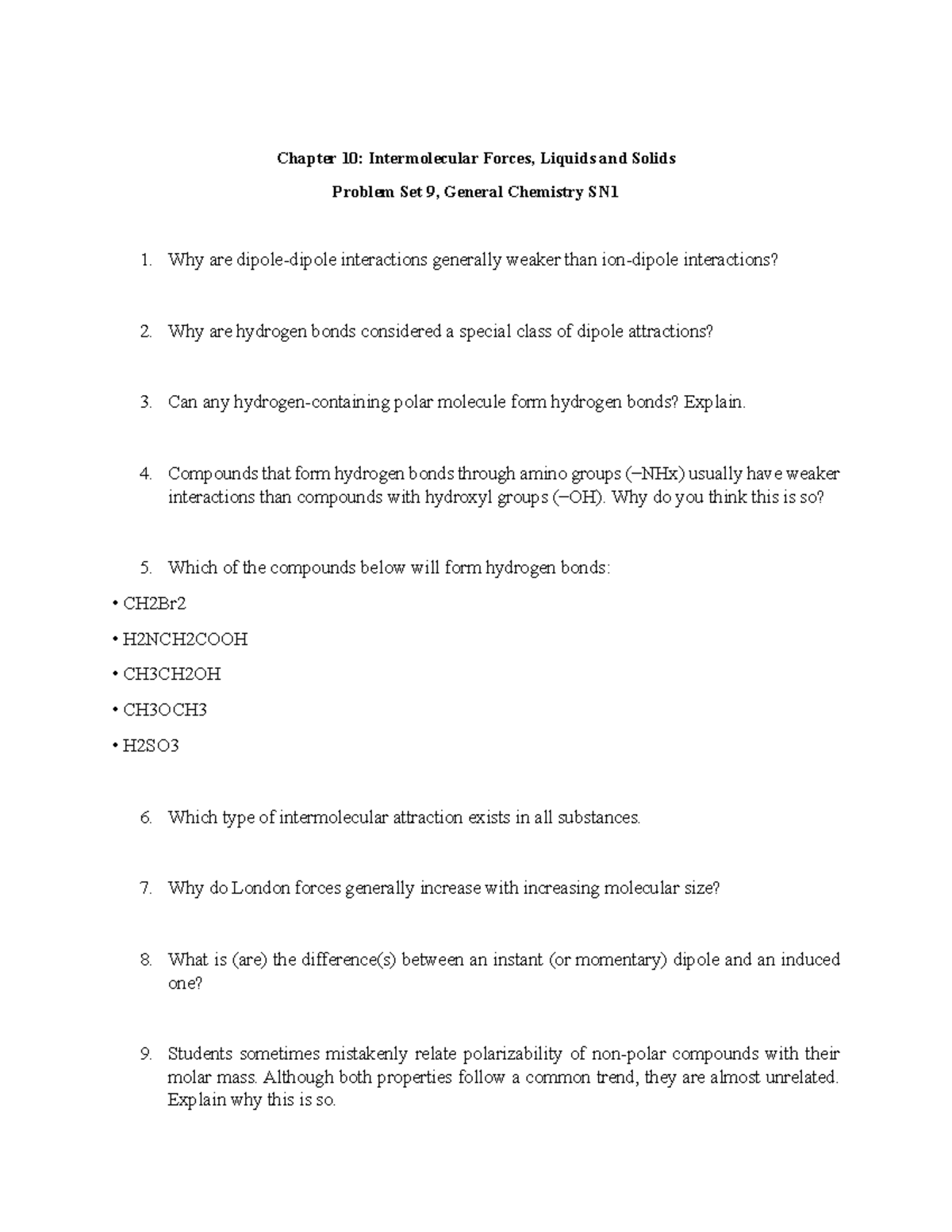Chapter 10: Intermolecular Forces & Liquids Problem Set 9 - Gen Chem ...
