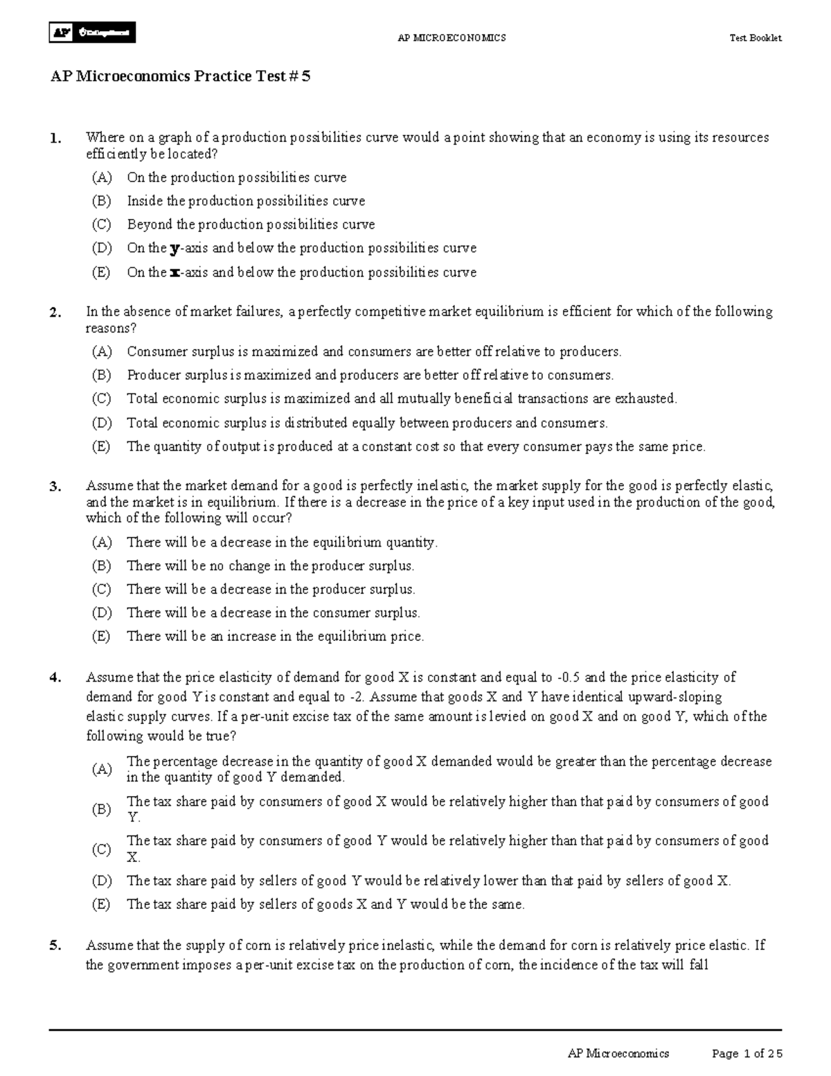 AP MICROECONOMICS Practice Test 5: Key Concepts and Questions - Studocu
