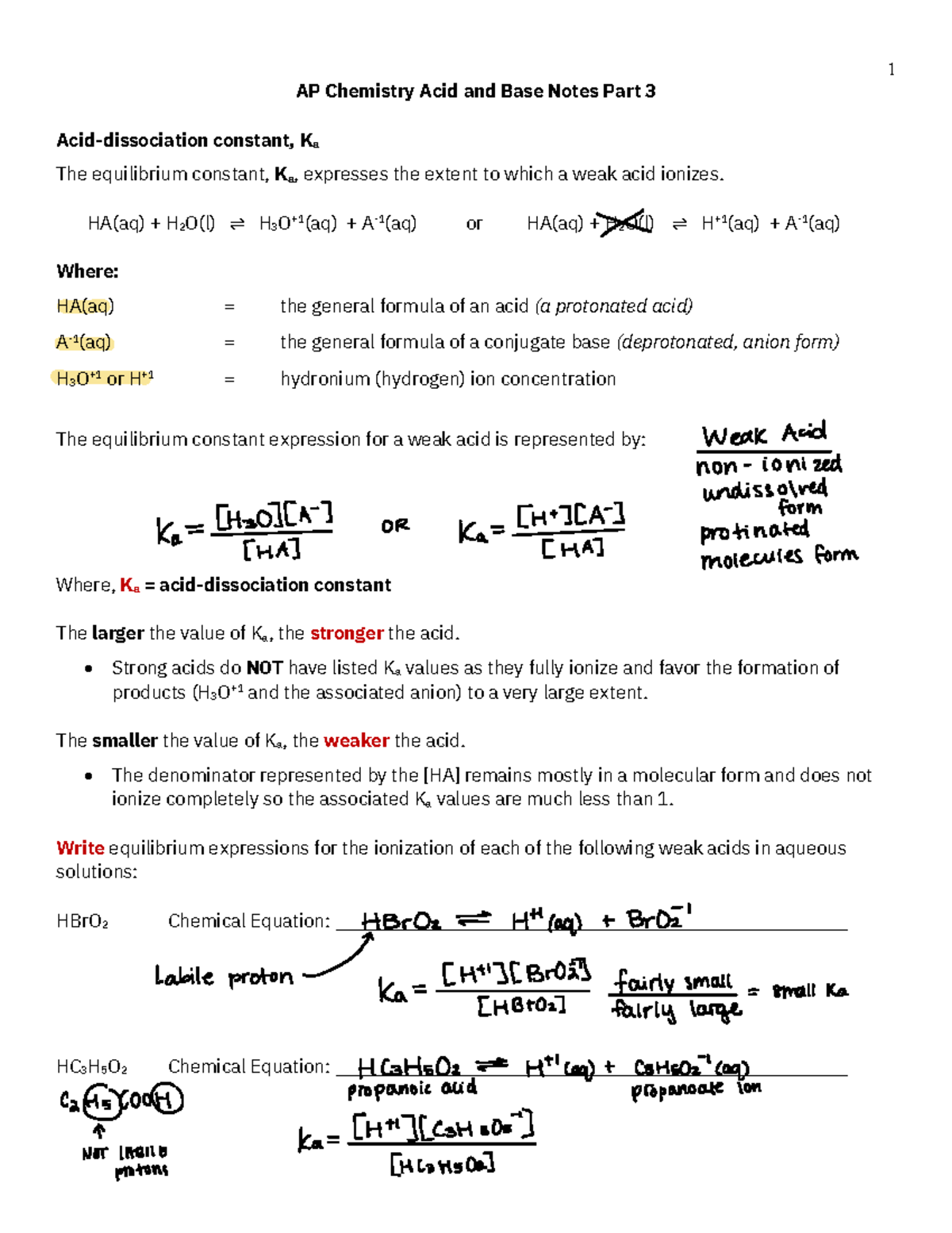 AP Chemistry Acid and Base Notes Part 3: Ka & Equilibrium Calculations ...