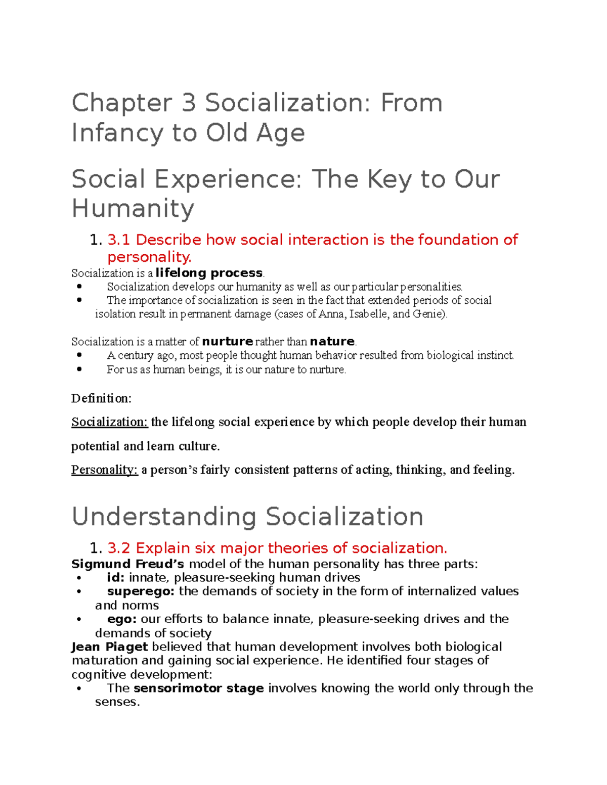Sociology Chapter 3 - Chapter 3 Socialization: From Infancy to Old Age ...