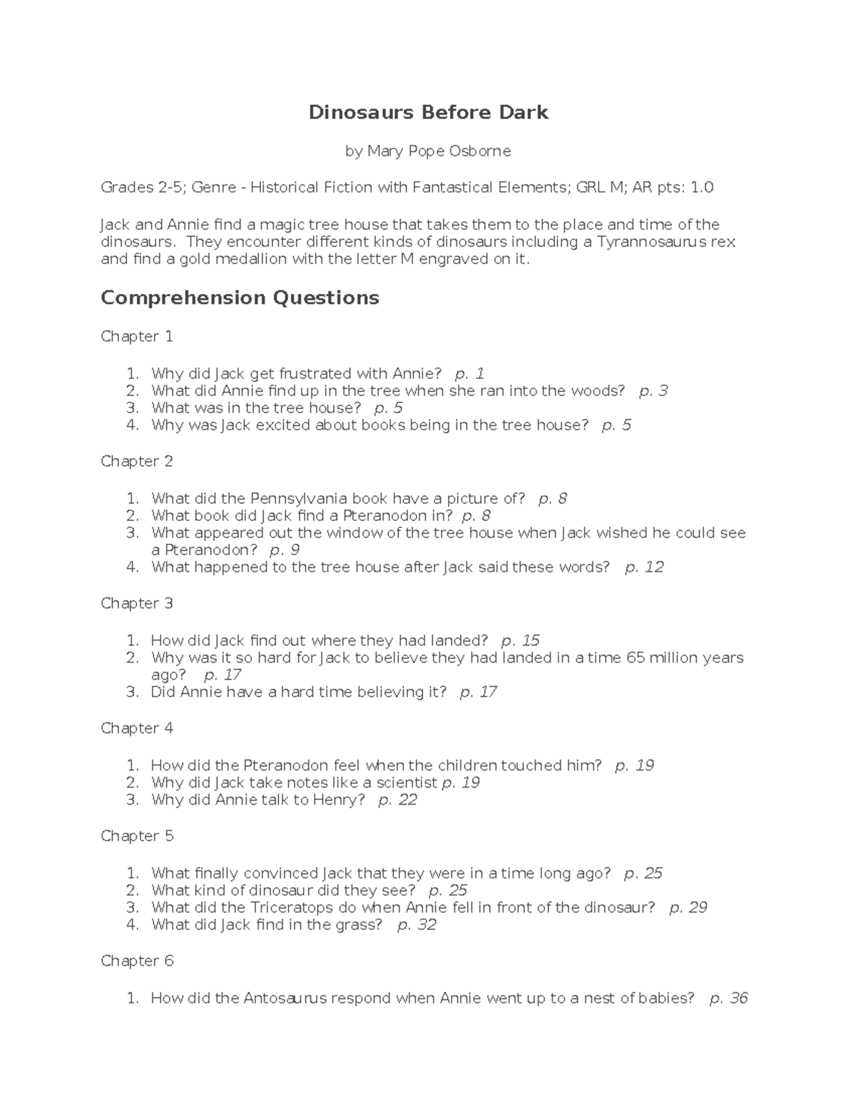 Dinosaurs Before Dark - Comprehension Questions (Grades 1.0) - Studocu