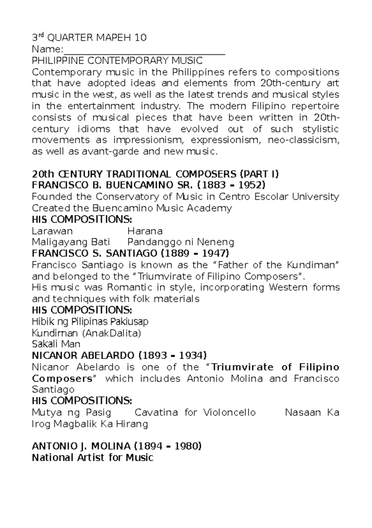 3rd Quarter Mapeh 10 module - 3 rd QUARTER MAPEH 10 Name