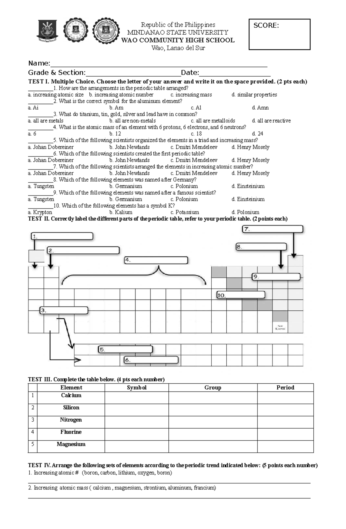 Summative Periodic Table Test I & II - MATH 101 - Studocu