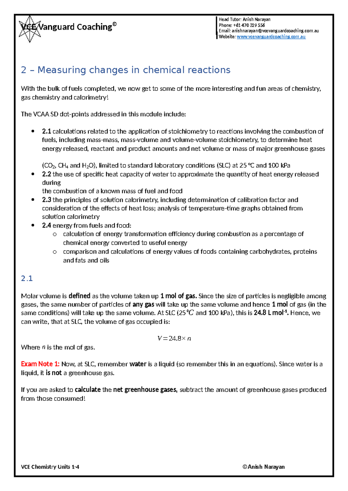 VCE Chemistry Unit 2: Gas Chemistry & Calorimetry Study Notes - Studocu