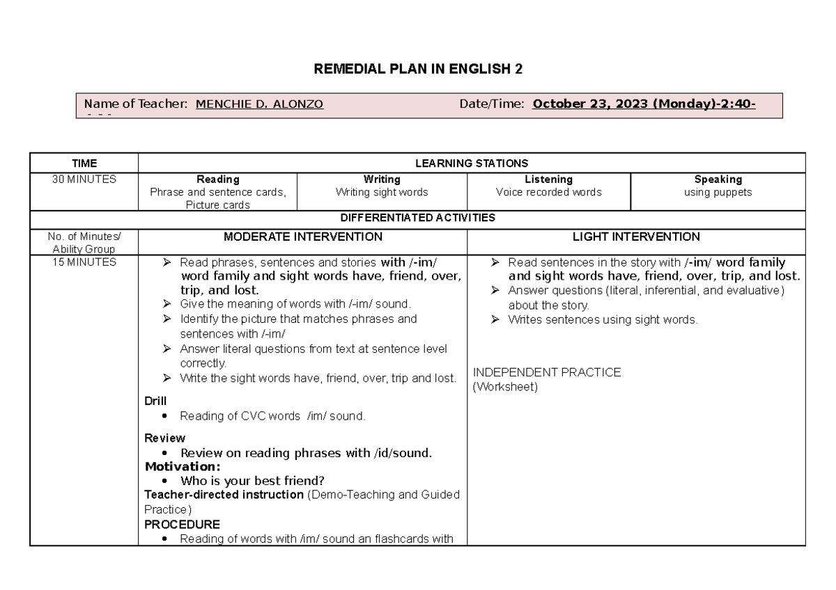 Remedial-PLAN English WEEK-7 - REMEDIAL PLAN IN ENGLISH 2 TIME LEARNING ...