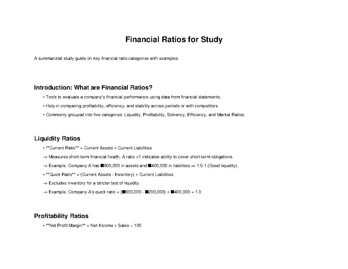 Financial Ratios (FIN 101) - Study Guide on Key Categories & Examples - Studocu
