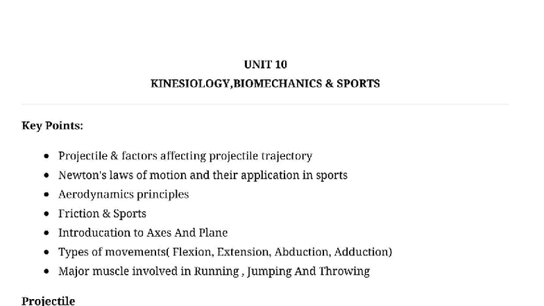 UNIT 10 KINESIOLOGY & BIOMECHANICS: Key Points on Projectile Motion ...