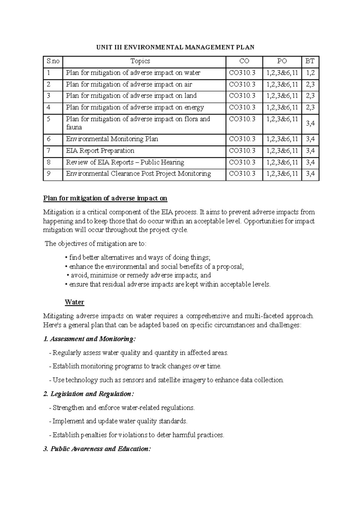 UNIT 3 OCE531 - Environmental Management Plan and EIA Review Notes ...