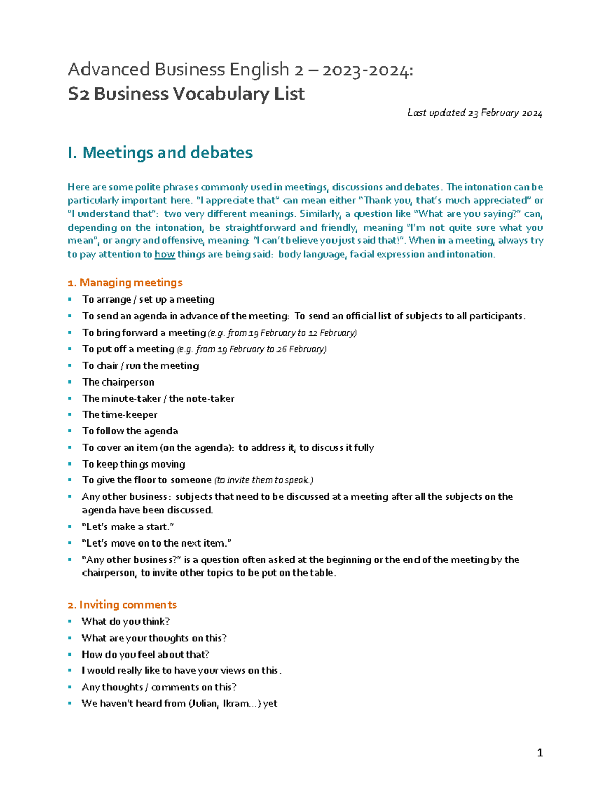Advanced Business English 2 S2: Essential Business Vocabulary List ...