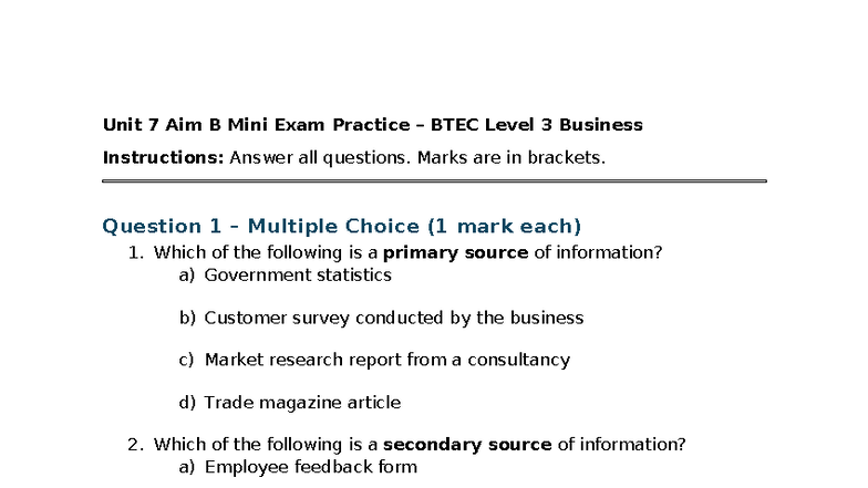 Unit 7 BTEC Level 3 Business Mini Exam Practice Guide - Studocu