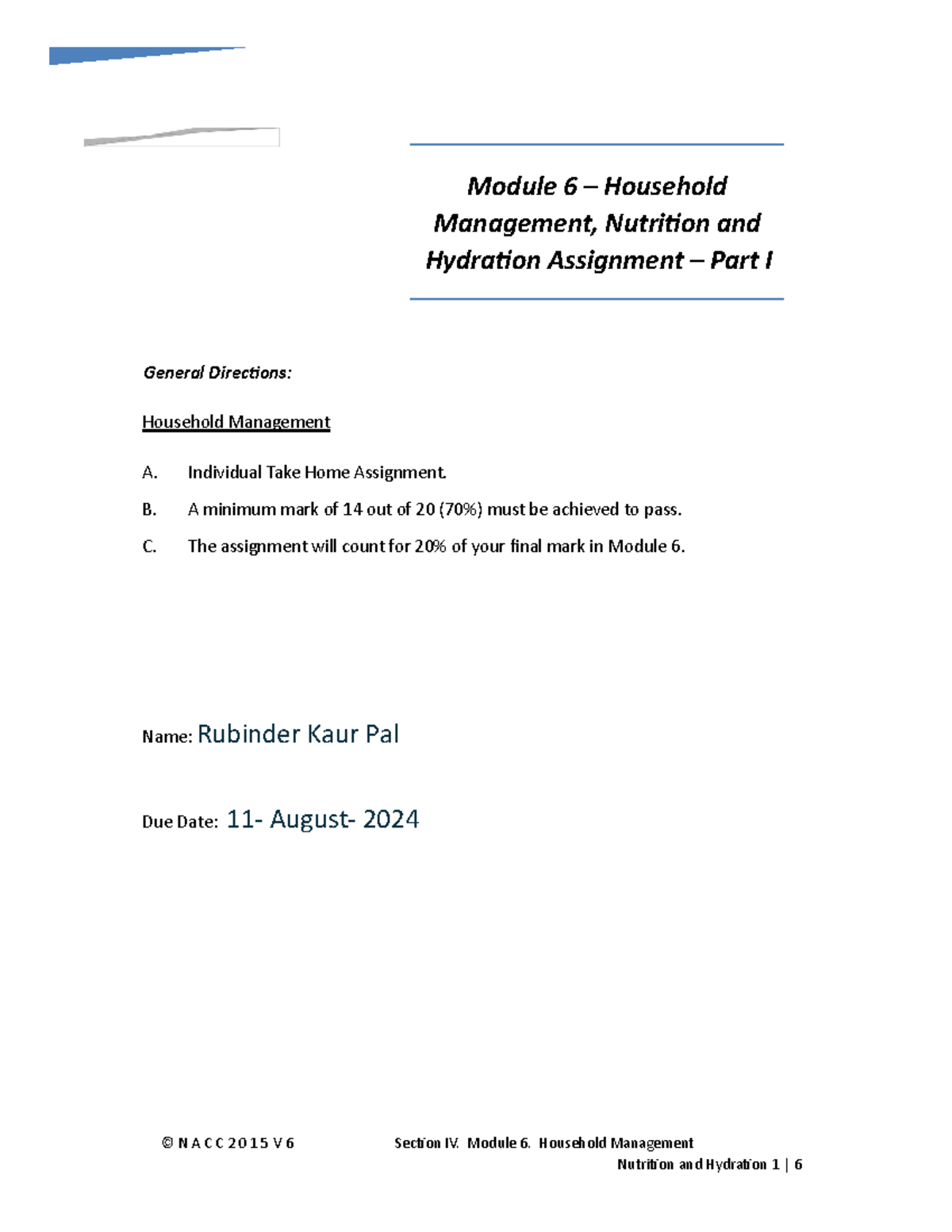 Module 6 PSW Assignment Part I: Household Management & Nutrition - Studocu