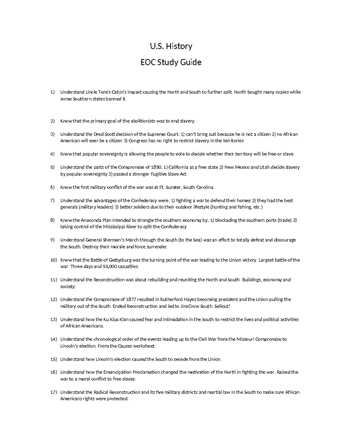 US History EOC Study Guide: Key Events and Concepts - Studocu