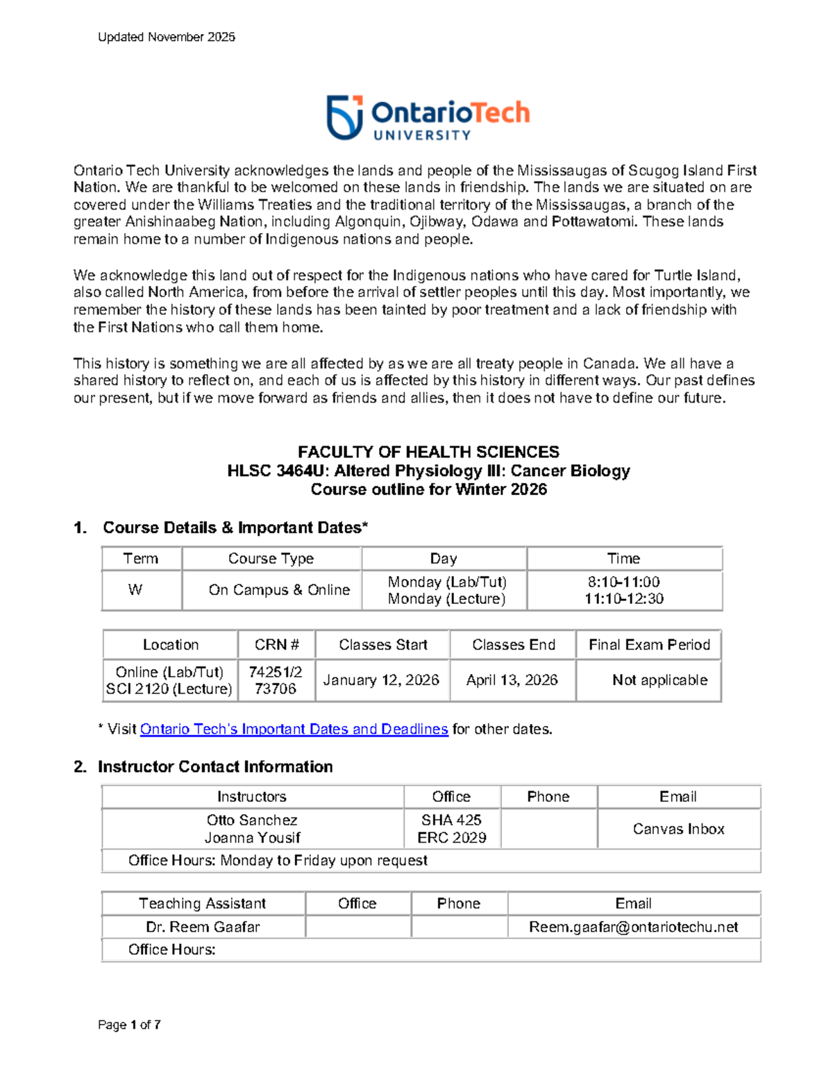 HLSC 3464U: Course Outline for Altered Physiology Cancer Biology W26 ...