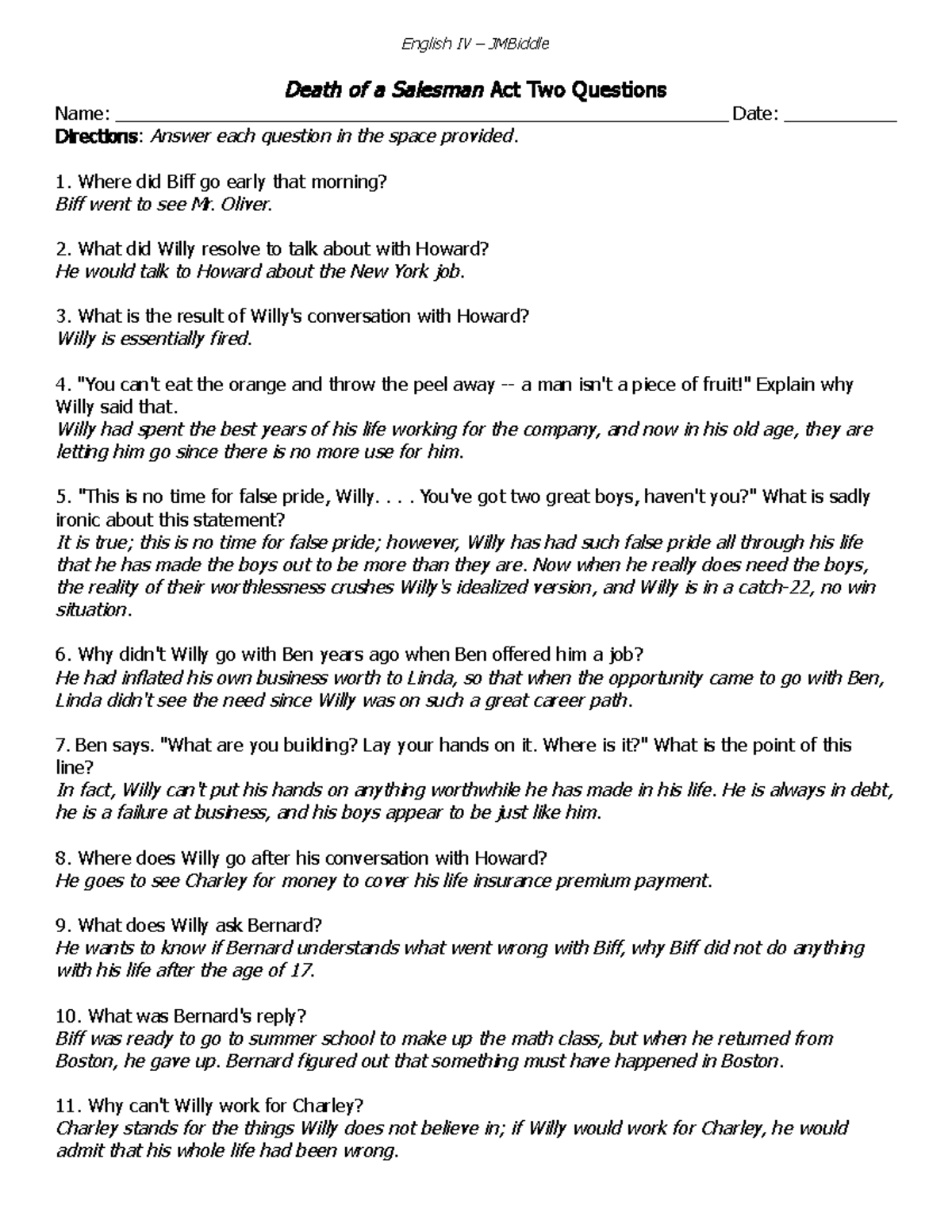 7- Death OF A Salesman Act II questions with answers - English IV ...