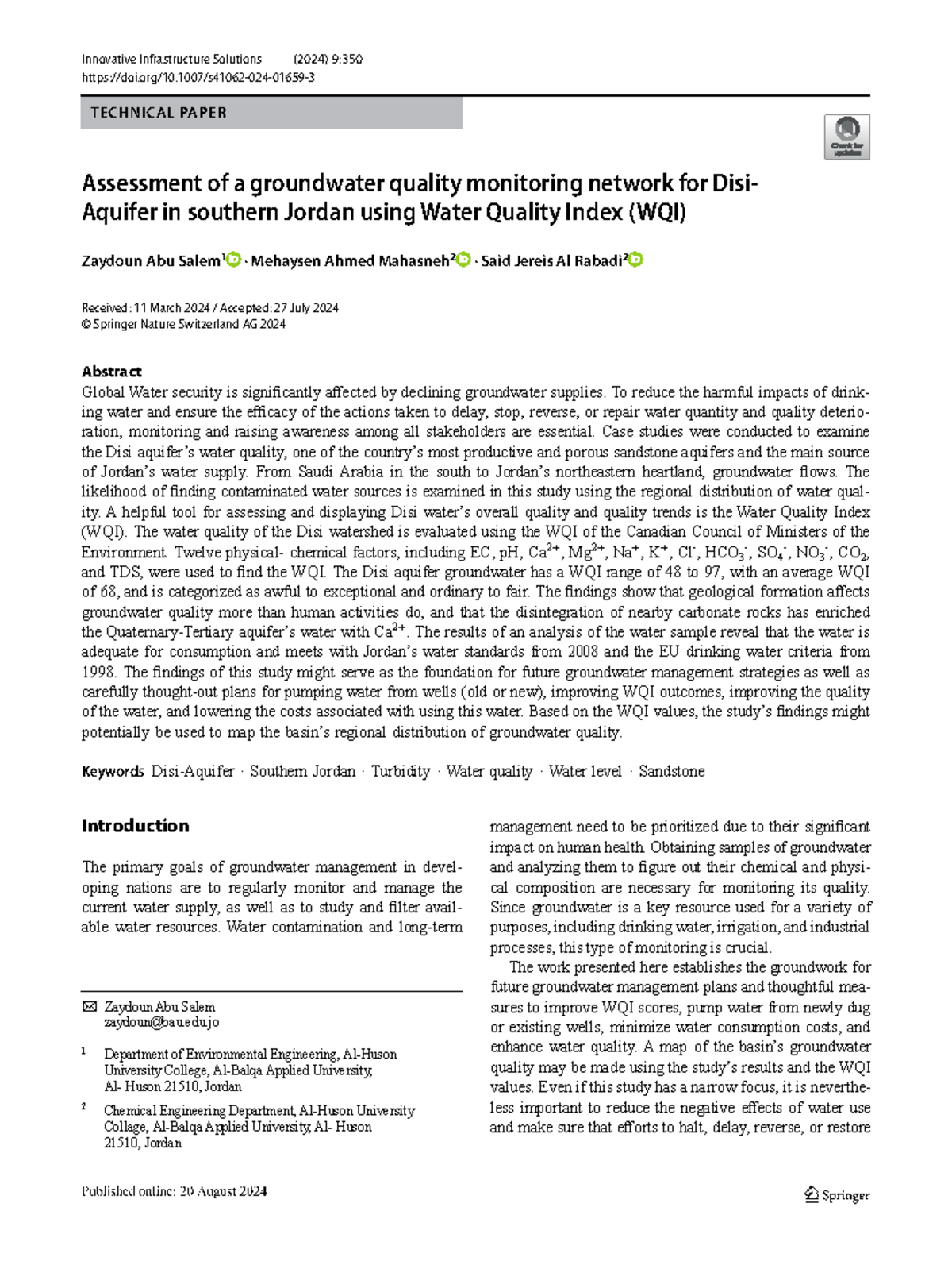 Assessment of Groundwater Quality in Disi Aquifer Using WQI (2024) 9: ...