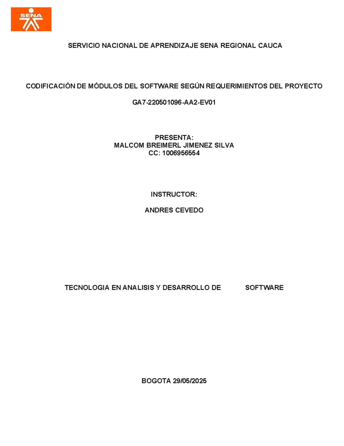 Codificación de Módulos de Software según Proyecto - SENA Tecnología ...