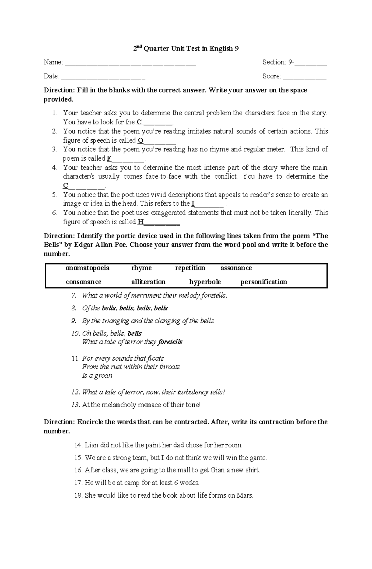 G9 2nd Quarter Unit Test: English 9 Poetic Devices & Comprehension ...