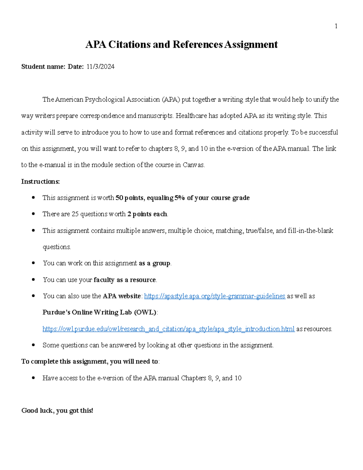 APA Formatting Assignment - APA Citations and References Assignment ...