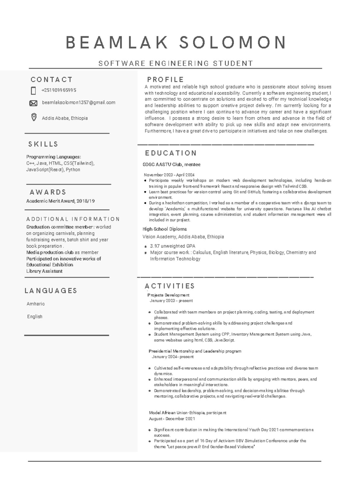 Beamlak Solomon CV - Ghkkkggyi - + beamlaksolomon1357@gmail Addis Ababa ...
