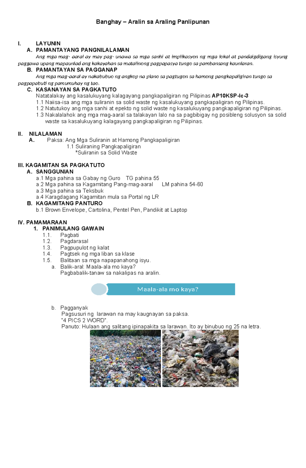 Banghay Aralin sa Araling Panlipunan I: Suliranin sa Solid Waste - Studocu