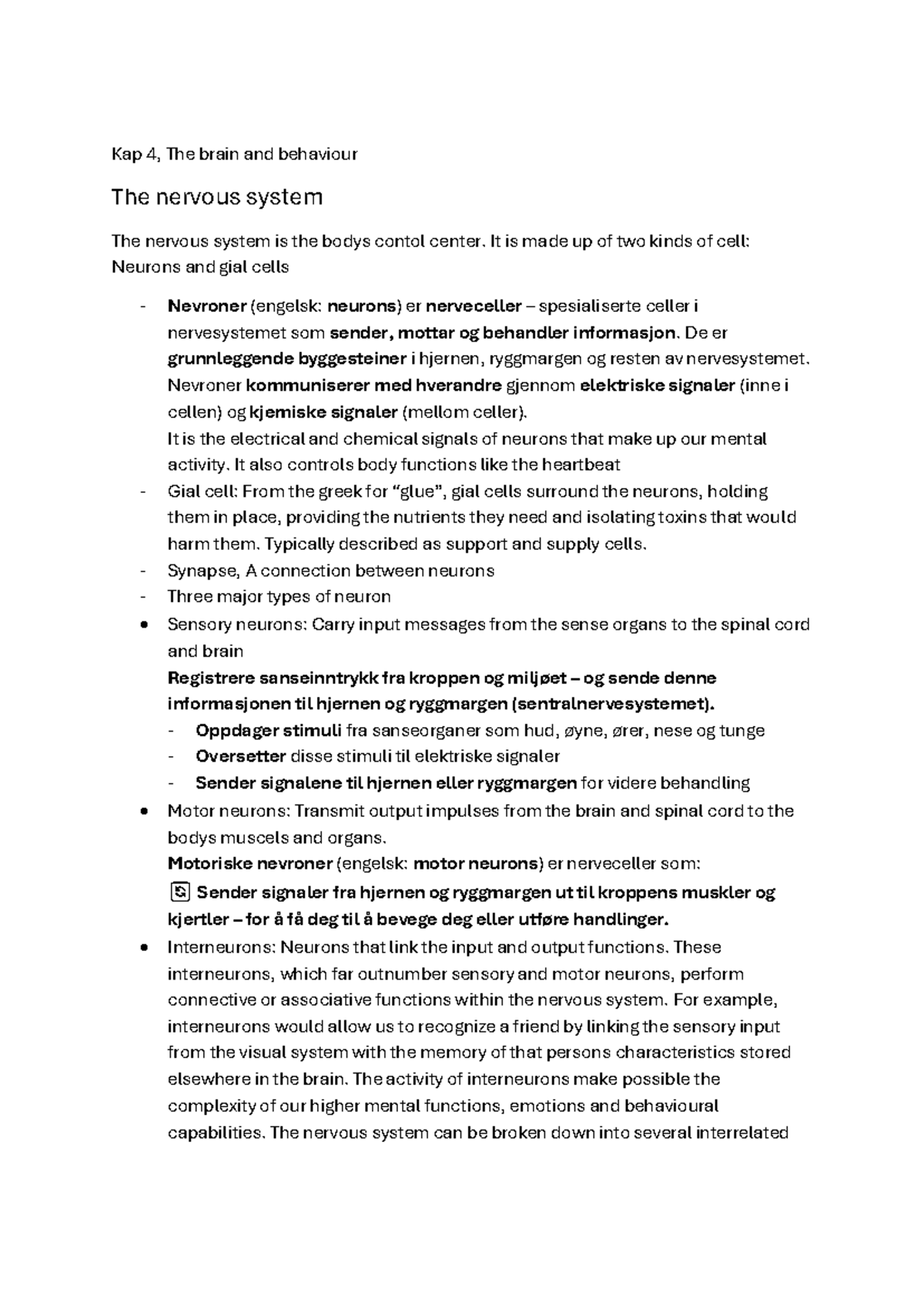 Kap 4: The Brain and Behaviour - Nervous System Overview - Studocu