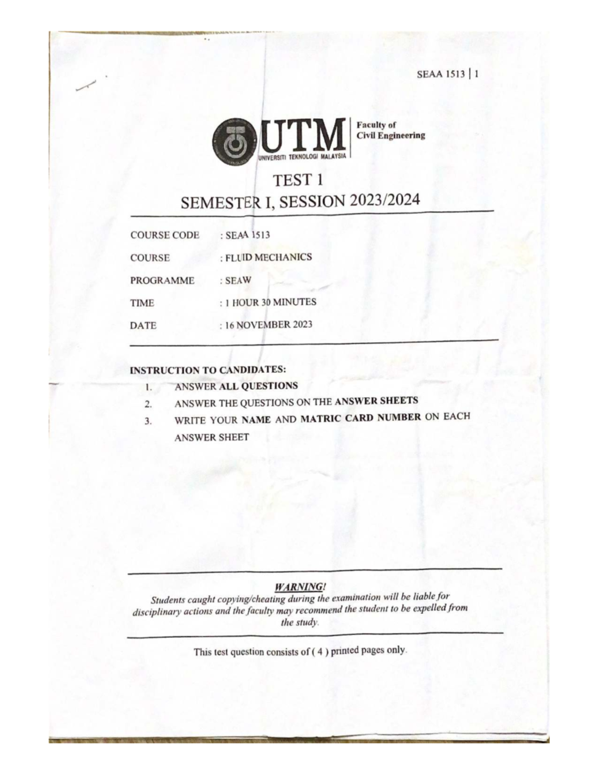 SEAA 1513 Test 1: Fluid Mechanics Exam Questions and Instructions - Studocu