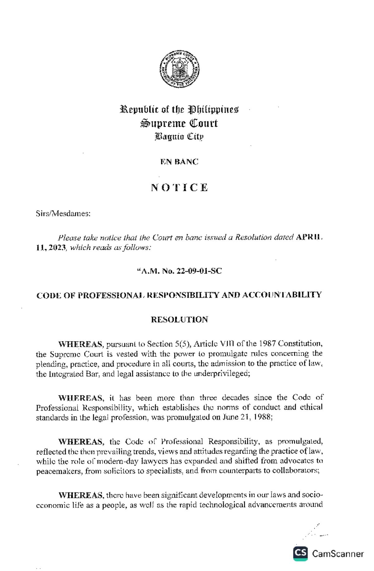 A.M. No. 22-09-01: Resolution on the Code of Professional ...