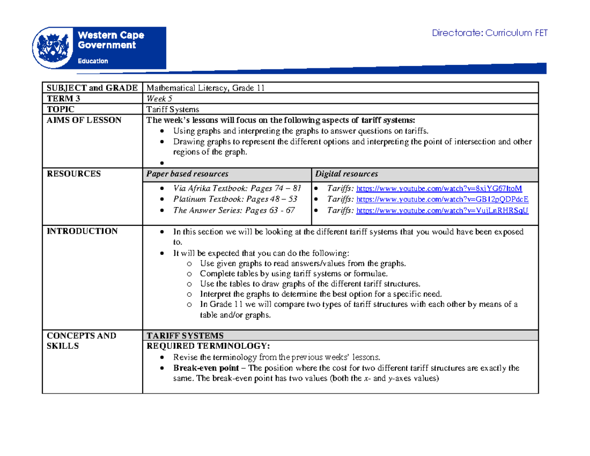 Mathematical Literacy Grade 11 Term 3 Week 5: Tariff Systems Overview ...