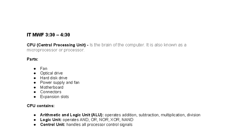 IT MWF 3:30-4:30: Understanding the CPU and Memory Types - Studocu
