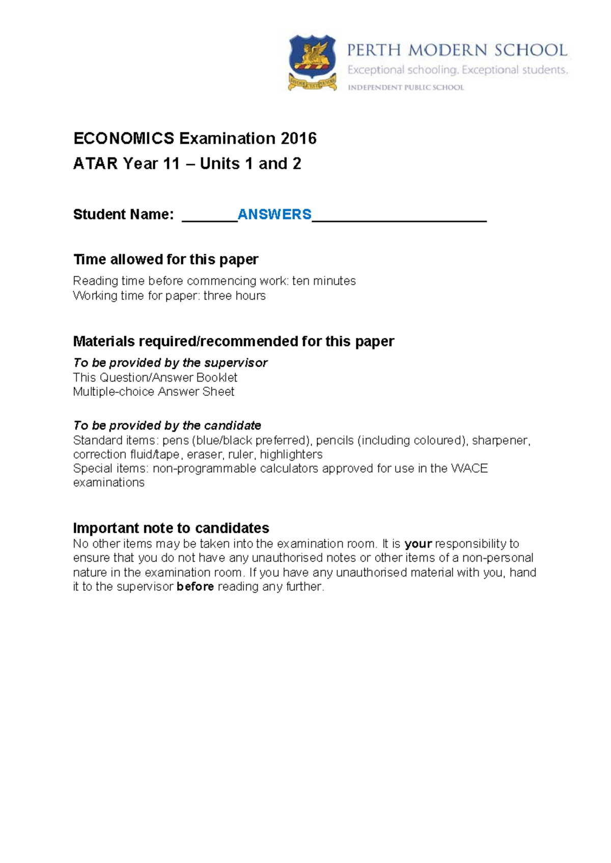 ECONOMICS 2016 ATAR Year 11 Exam Practice Answers - Studocu