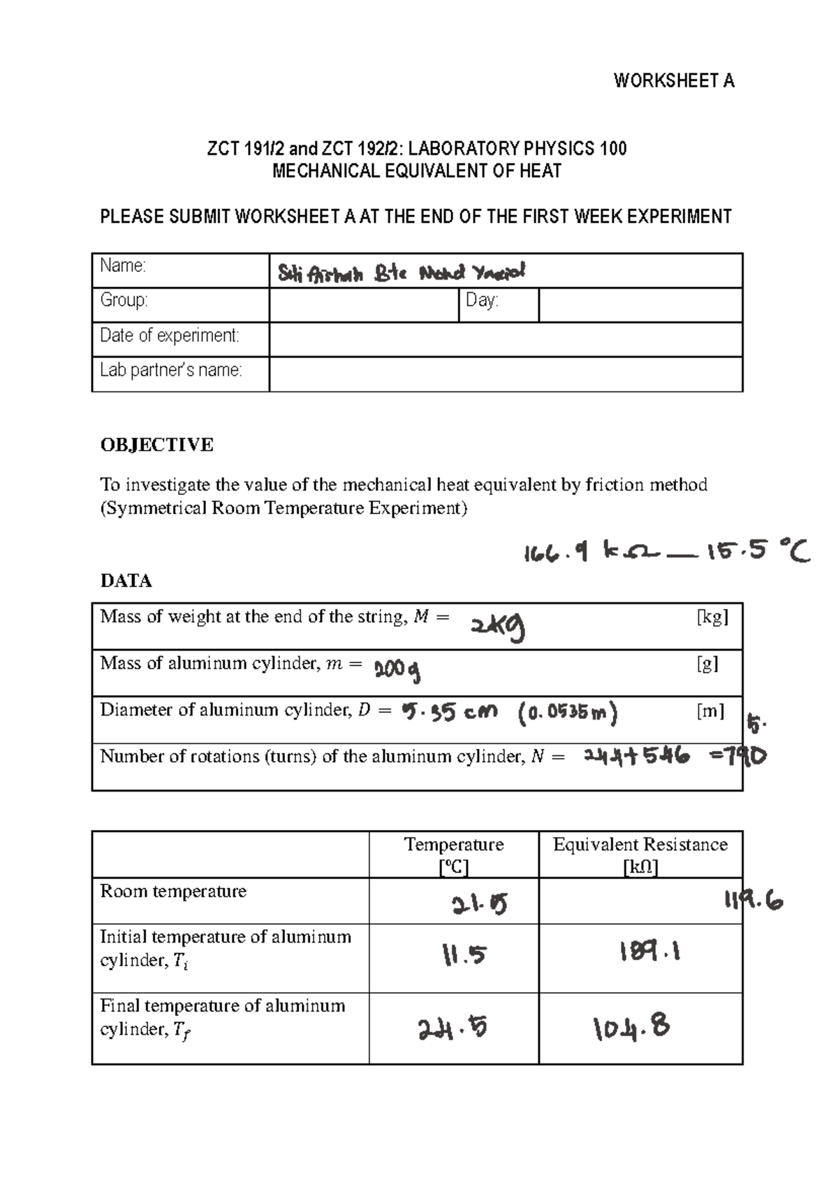 Laboratory Worksheet (1TS1) - Mechanical Equivalent of Heat Experiment ...