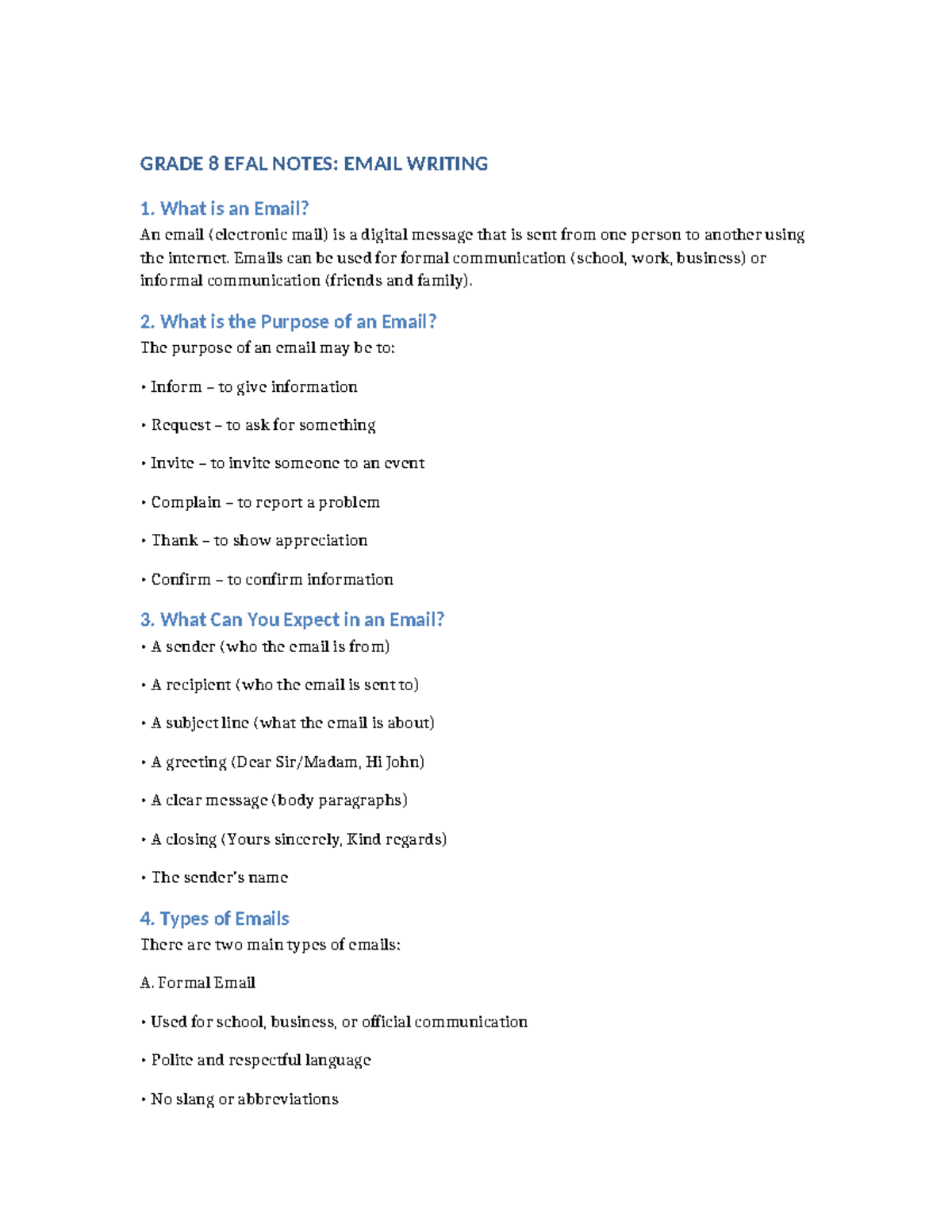Grade 8 EFAL Notes: Understanding Email Writing Essentials - Studocu