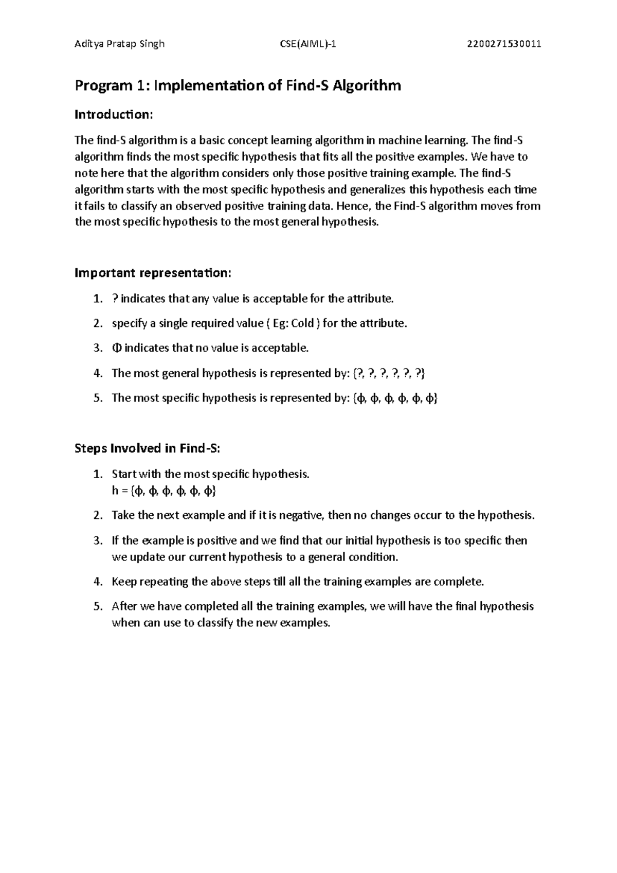 EXP 1 - Find S Algorithm Implementation and Hypothesis Generation - Studocu