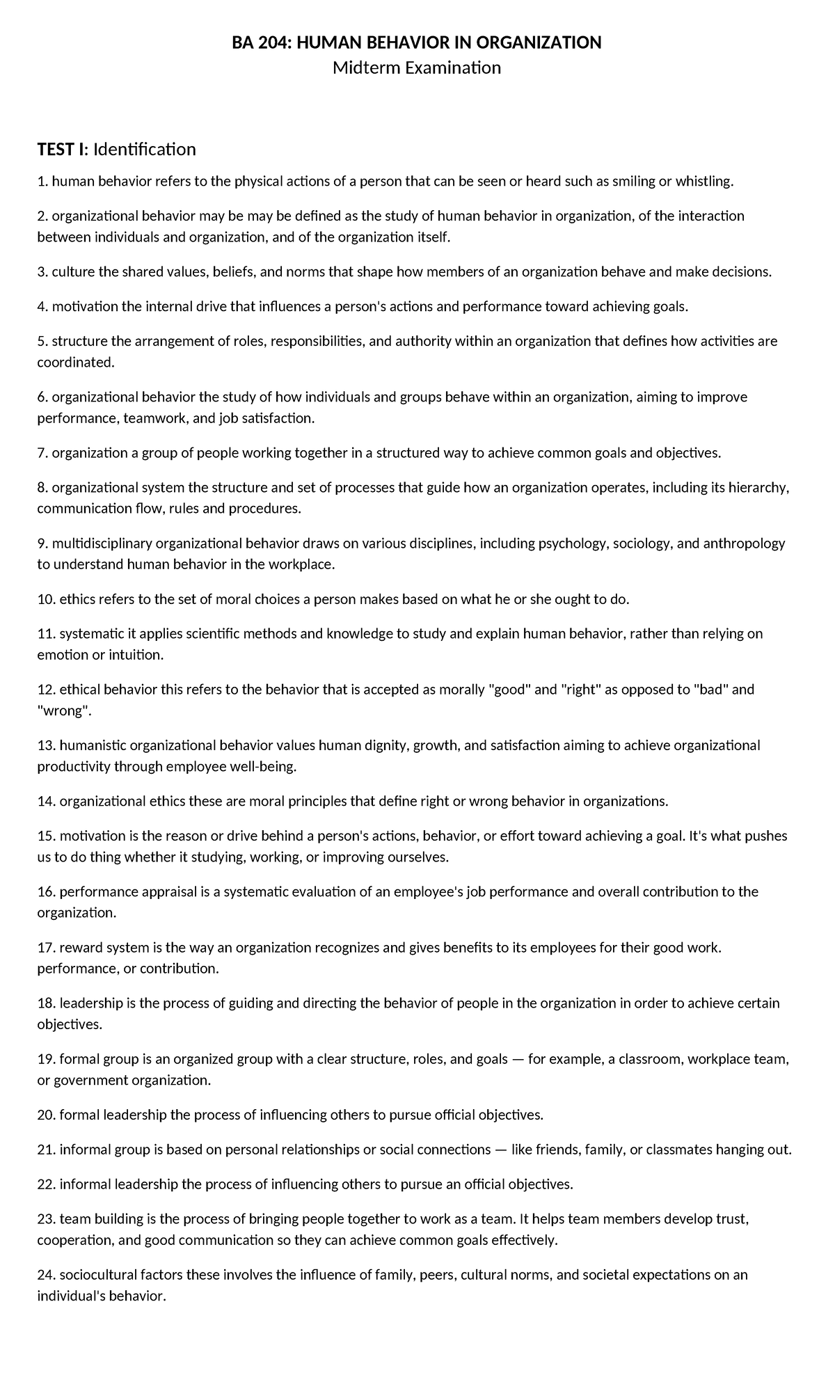BA 204: Human Behavior in Organization Midterm Exam Study Guide - Studocu