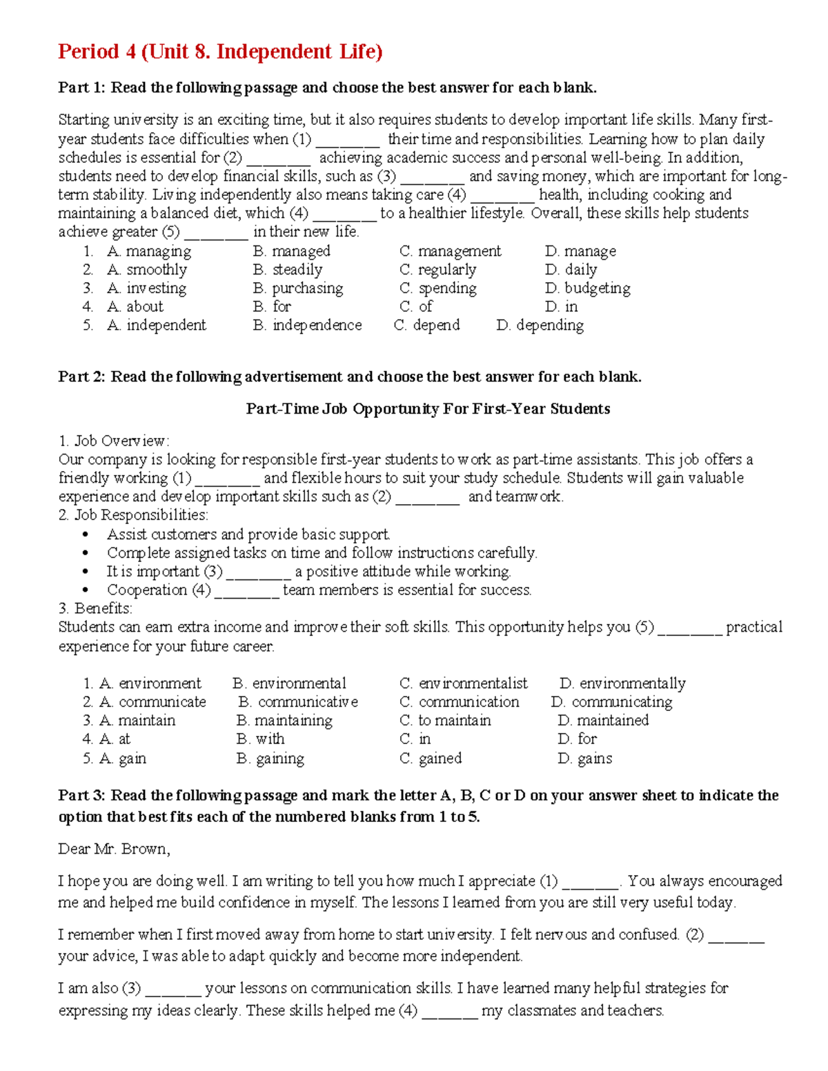 Period 4 (Unit 8) Extra Reading: Independent Life Skills for University ...