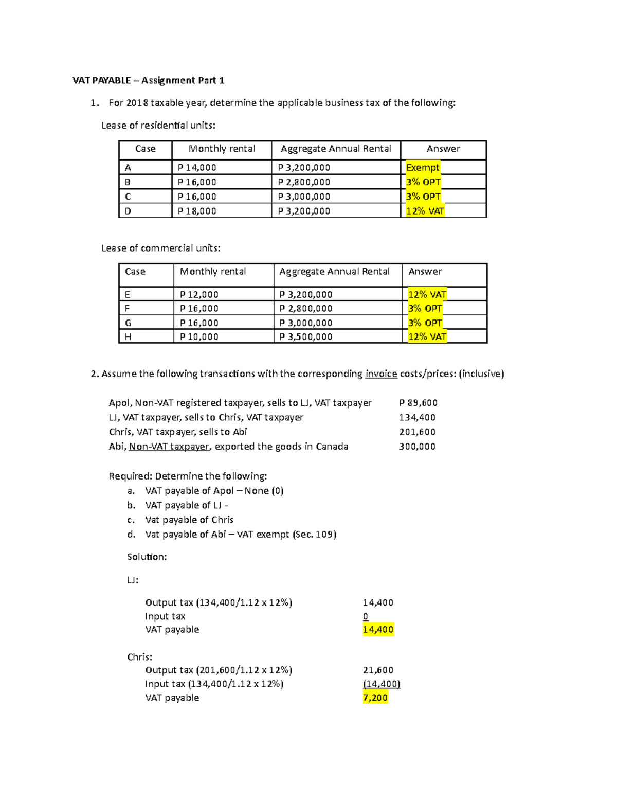 VAT Payable Assignment Solutions (Part 1 & 2) - Complete Answers ...