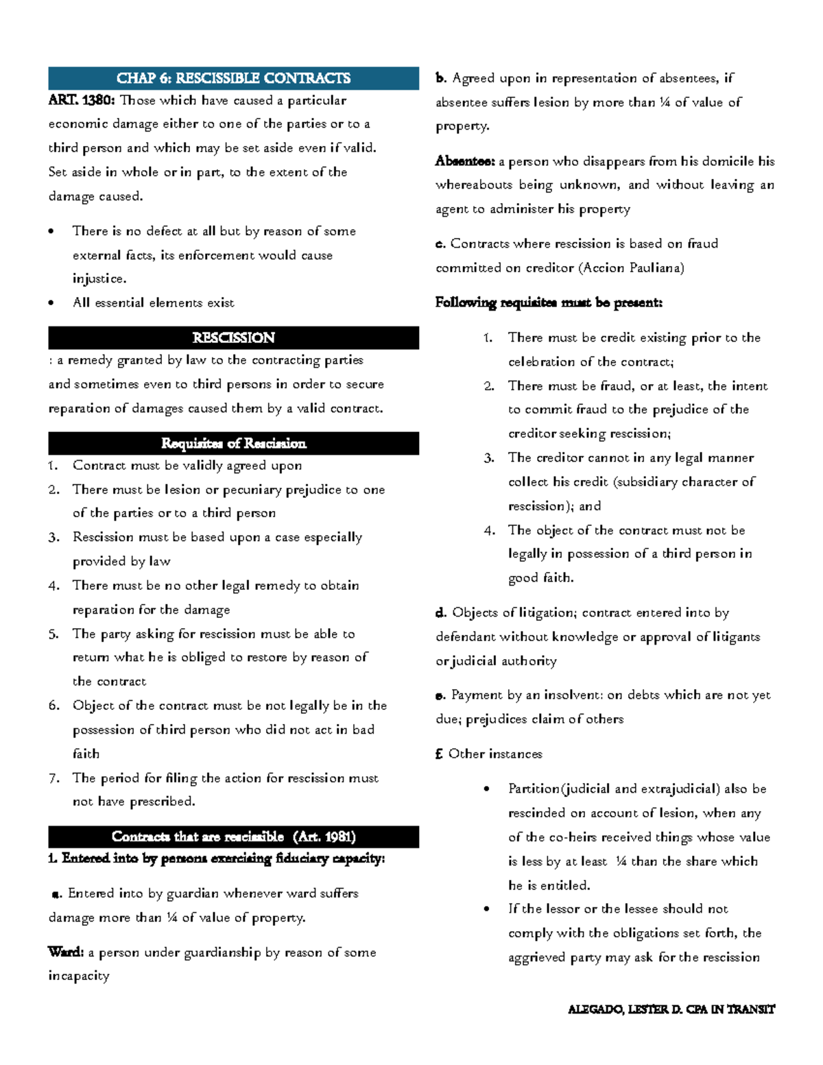 Chapter 6: Lecture Notes on Rescissible Contracts and Unenforceable ...