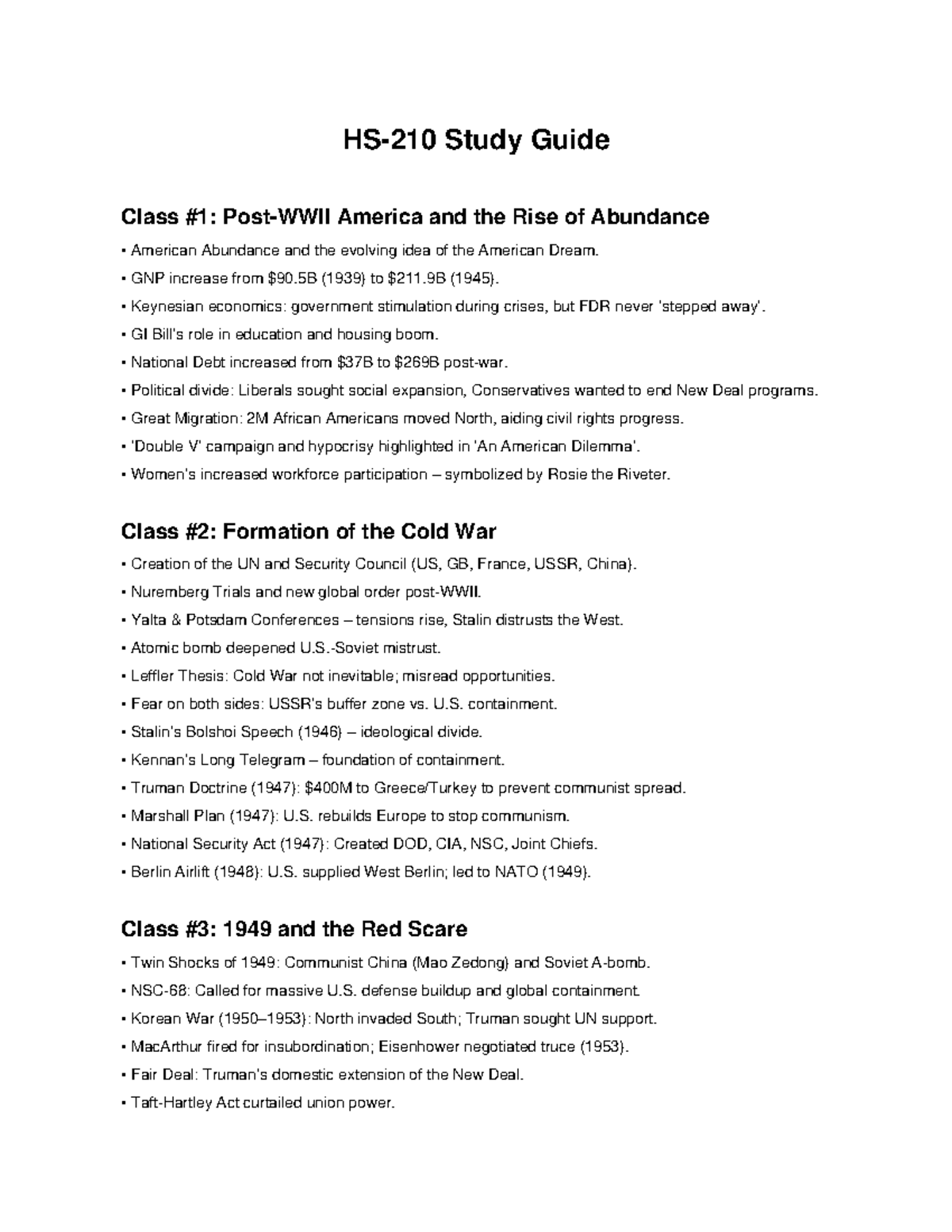 HS-210 Study Guide: Post-WWII America, Cold War & Civil Rights - Studocu