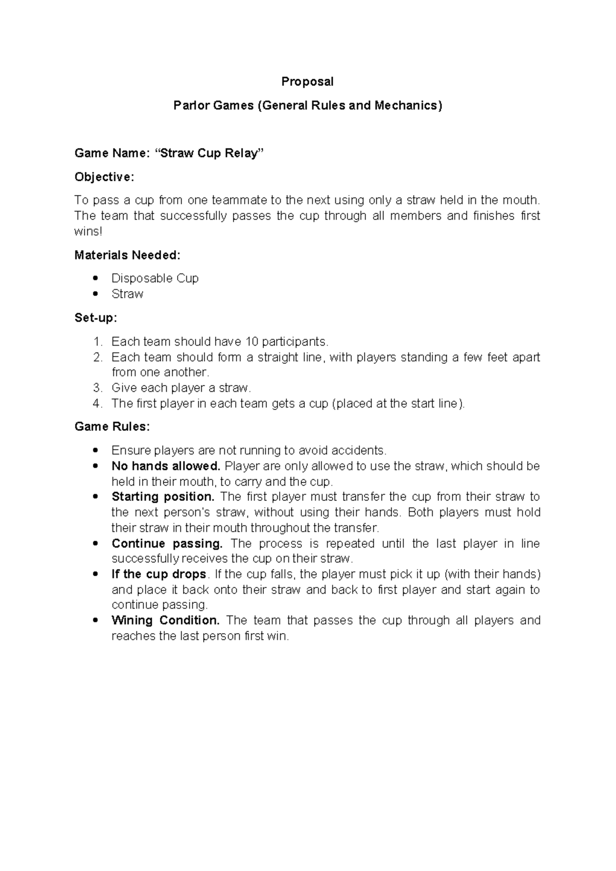 Parlor Games Proposal: Cup Relay & Balloon Pyramid (AHMS Day) - Studocu