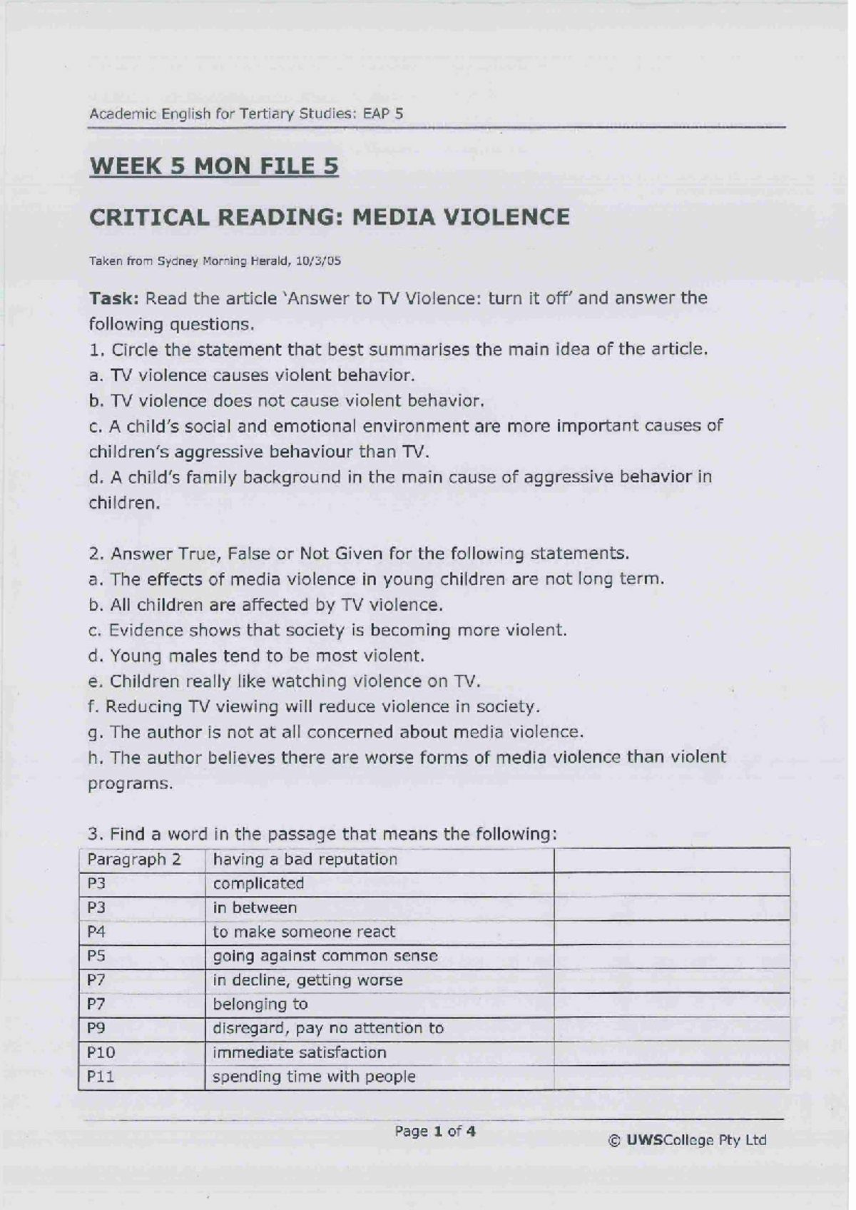 EAP5 Week 5 Mon F5 - Critical reading Media violence No Answers ...