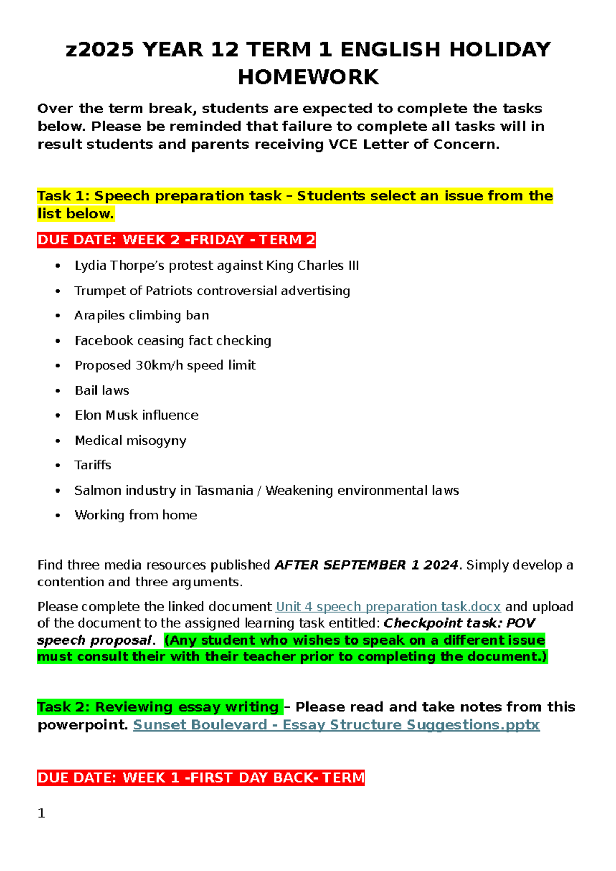 2025 Year 12 Term 1 English holiday homework - z2025 YEAR 12 TERM 1 ...