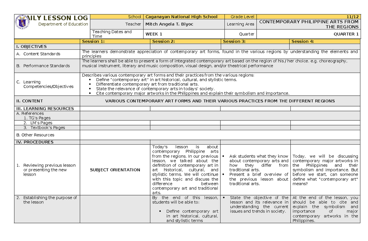 CPAR DLL Q1 WEEK 1: Contemporary Philippine Arts Lesson Plan - Studocu