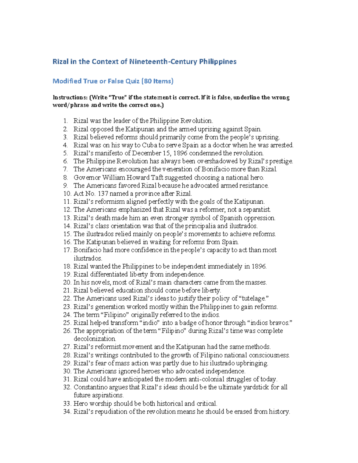 Rizal in the Context of Philippines: Modified True or False Quiz (80 ...
