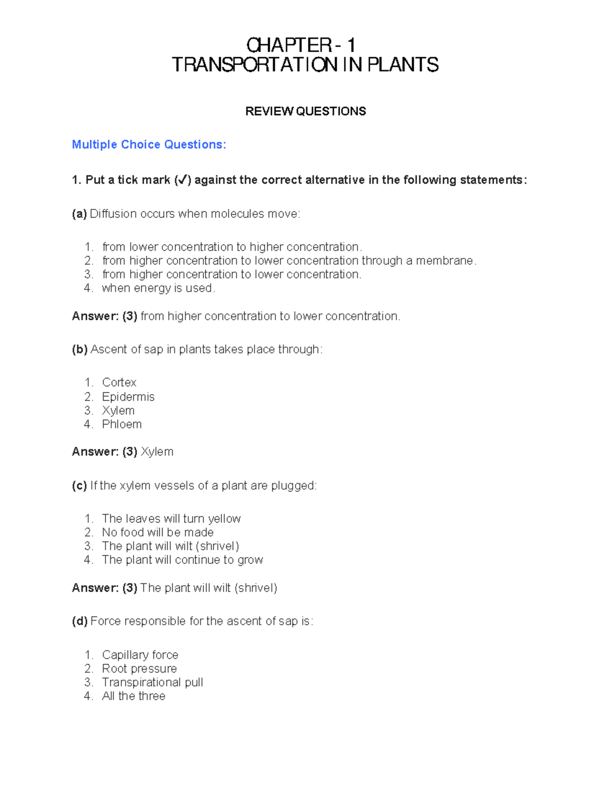 CHAPTER 1 TRANSPORTATION IN PLANTS - REVIEW QUESTIONS & ANSWERS - Studocu