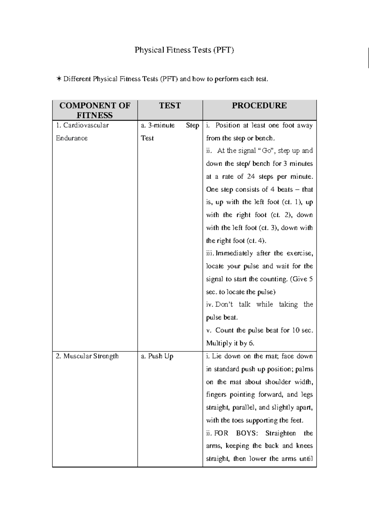 Physical Fitness Testing Procedures and Guidelines (PFT) - Studocu