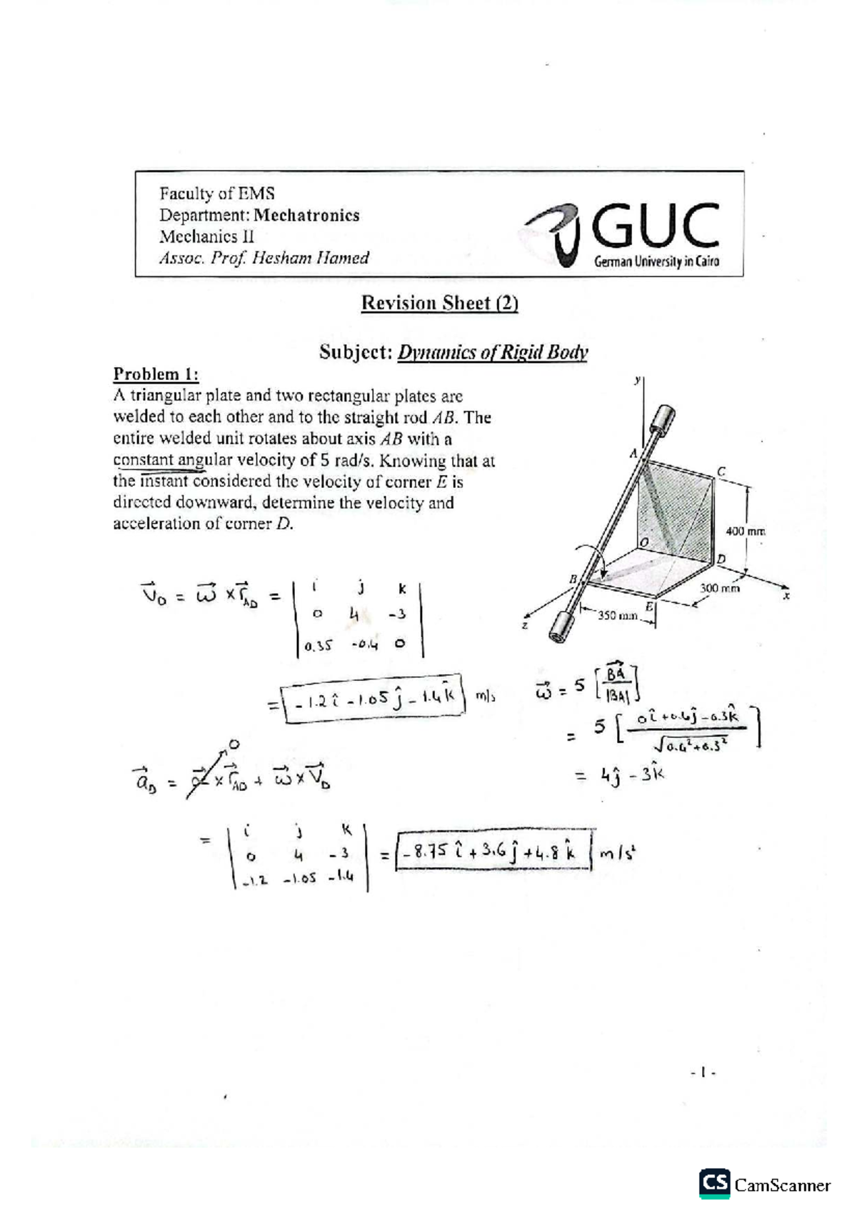 ENME402 - Dynamics of Rigid Body: Revision Sheet 2 - Studocu