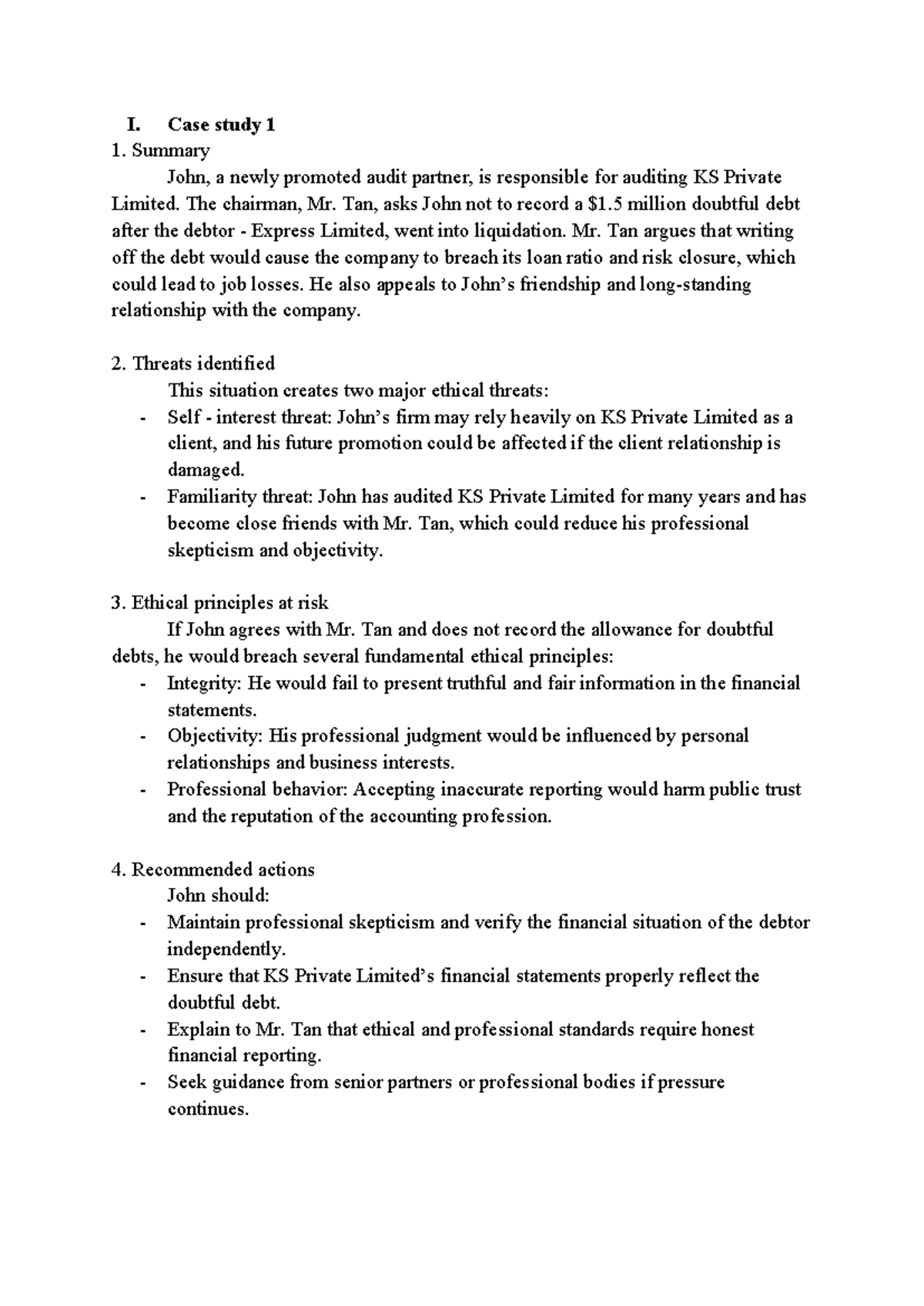Case Study Analysis: Ethical Threats in Auditing (C1) - Studocu